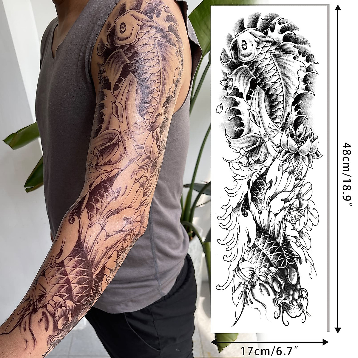 CUTELIILI Full arm temporary tattoo for Men,12sheets (L19“xW7”) Sleeve Tattoos temporary, Fake Tattoos That Look Real and Last long，Tiger Dragon Koi Evil Eyes