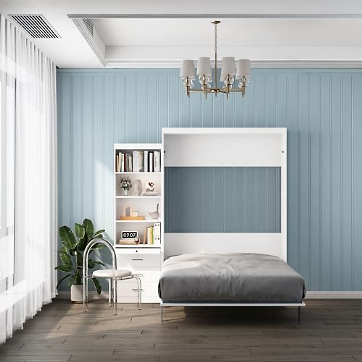 HBRR Full Size Vertical Murphy Chest with Storage Shelf & Drawers, Space-Saving Wall Multipurpose Room, Versatile Cabinet Folding, Hidden Bed Gas Struts, White
