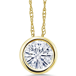 Gem Stone King 14K Yellow Gold Forever Classic Moissanite from Charles & Colvard Pendant Necklace For Women (1.00 Cttw, Round 6.5MM with 18 Inch Chain)