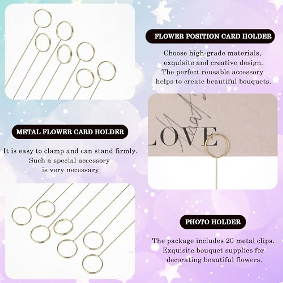 Mabor 20Pcs Metal Floral Place Card Holder, Flower Pick Clips Table Number Holders, Gold Metal Card Picture Holder Pick for Flower Arrangement Wedding Party Birthday DIY Gift