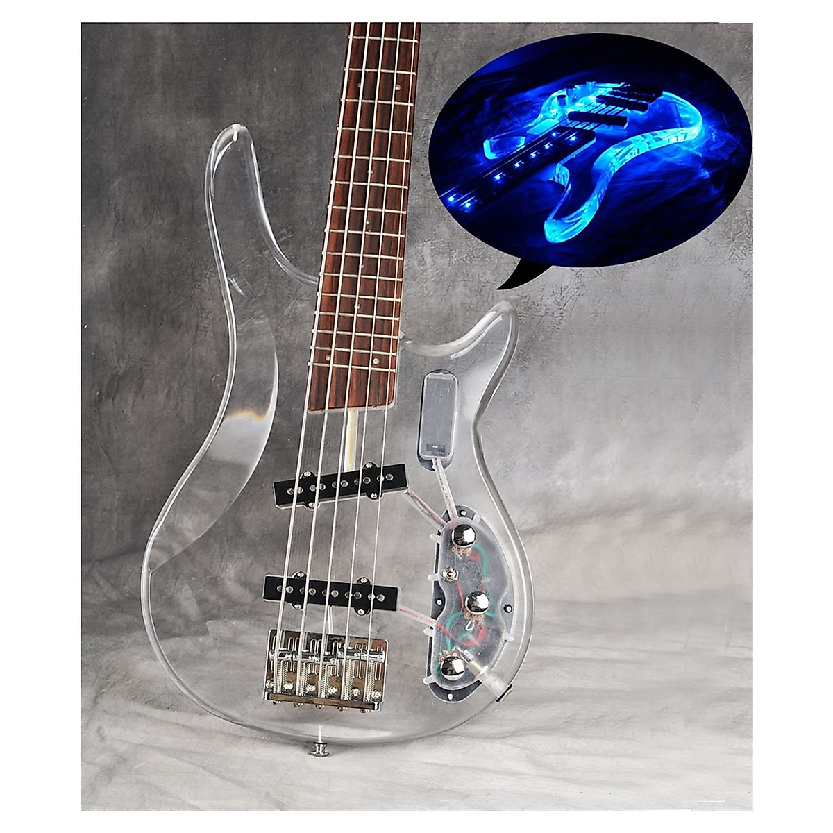 Unfinished Guitar Body Red Sandalwood Fingerboard with LED Lights, Real Shots, Suitable for 2016 New Straight-Through 5-String Acrylic Body Bass Guitar DIY Accessory