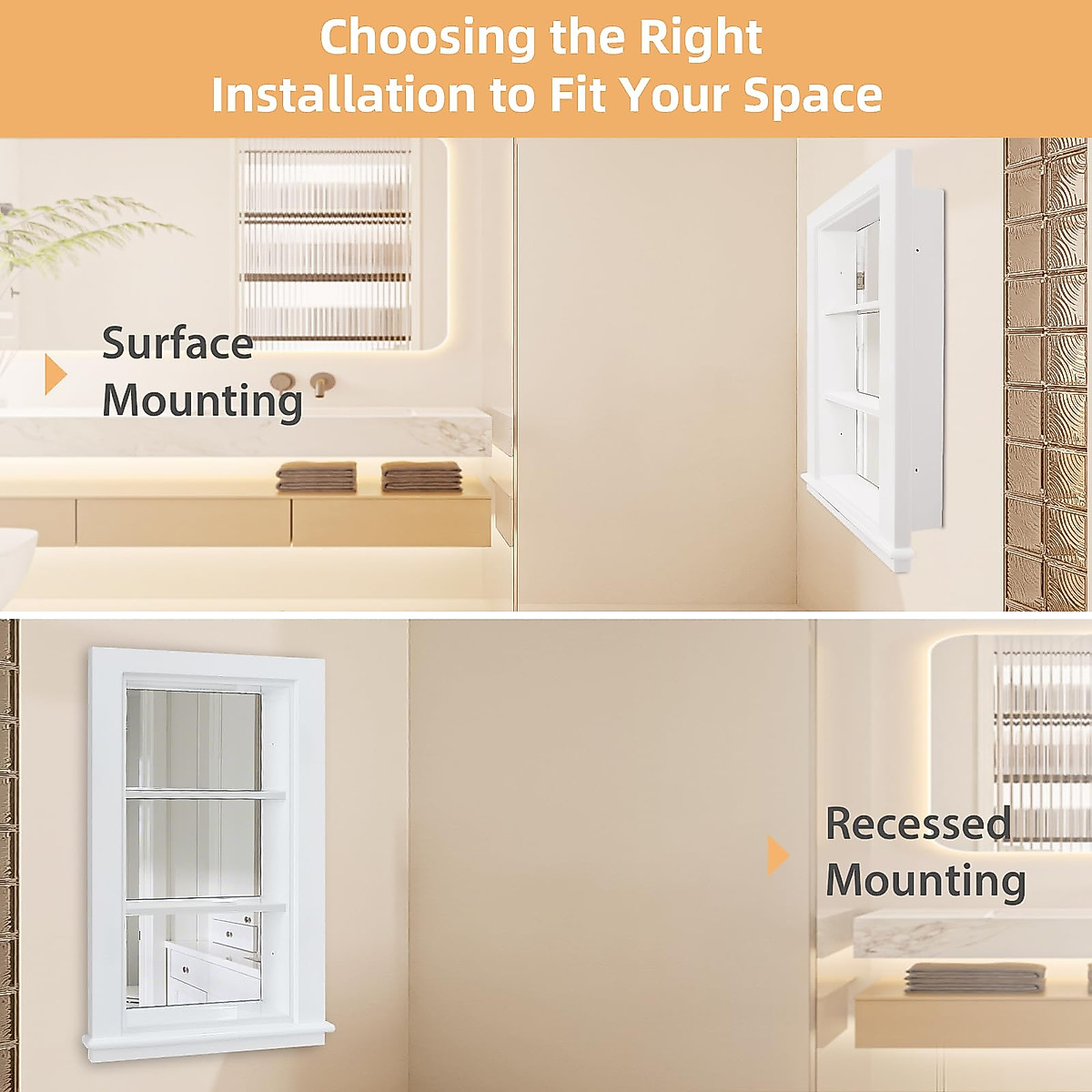 Jesantab 14 x 24 Recessed Medicine Cabinet, White Bathroom Cabinet Wall Mount, 3-Tier Wall Niche with Mirror, Shower Niche for Bathroom Storage