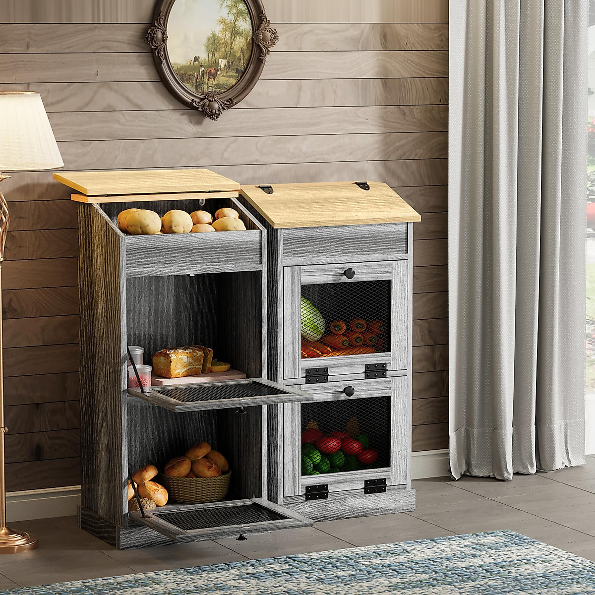 ONG Potato Storage Bins Sets of 2, Wooden Potato Bin Double Bread Storage, Decorative Potato and Onion Storage Bin Set 2, Wood Box with Grocery Section, Wooden Vegetable Storage with Lid,Grey