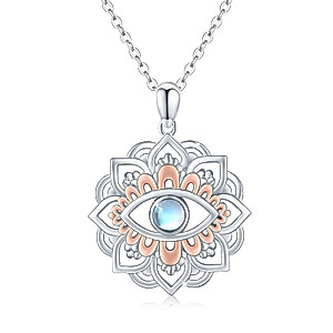 Lotus Eye Necklace for Women Moonstone Evil Eye Lotus Protection Pendant 925 Sterling Silver Lotus Necklace Lotus Flower Charm Jewelry for Birthday Halloween for Women Men Teen (Moonstone)