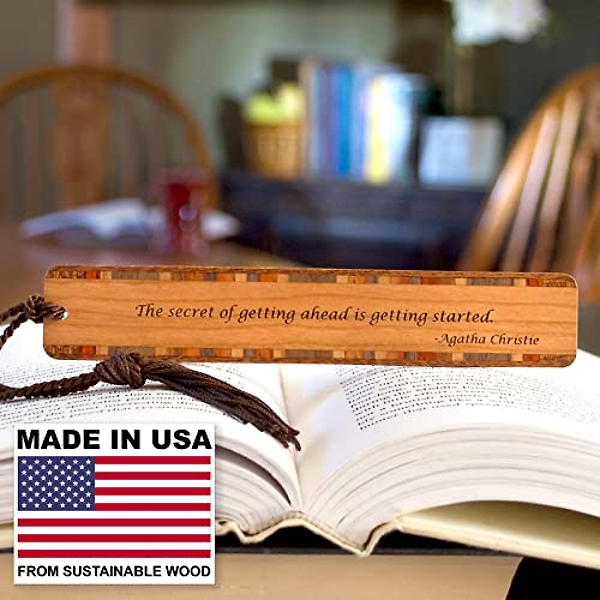 Agatha Christie Getting Ahead Quote On Handmade Wooden Bookmark - Also Available with Personalization - Made in USA