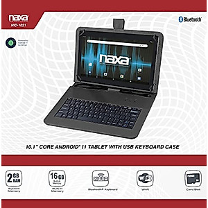 Naxa NID-1021 Core Android 11 Tablet with 10.1” HD IPS Screen and USB Keyboard Case, 1.6 GHz Quad Core Processor, 2GB Ram, 16GB Storage, Front and Rear Cameras, Speaker and Microphone, Black