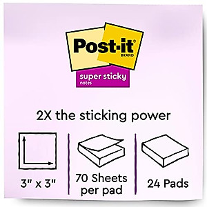 Post-it Super Sticky Notes, 3x3 in, 24 Pads/Pack, 70 Sheets/Pad, Amazon Exclusive Bright Color Collection, Aqua Splash, Acid Lime, Tropical Pink and Iris Infusion