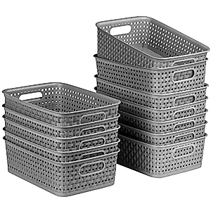 12 Pack Plastic Storage Baskets, Small Baskets for Organizing, Plastic Storage Bins Wicker Pantry Organizer Bins Household Toys for Laundry Room, Bedrooms, Kitchens, Cabinets, Countertops