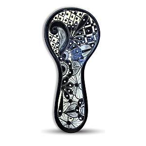 Ceramic Spoon Rest - Hand Painted Talavera - Mexican Style - Black and White Home Decor - Cuchara Floral Blanco/Negro