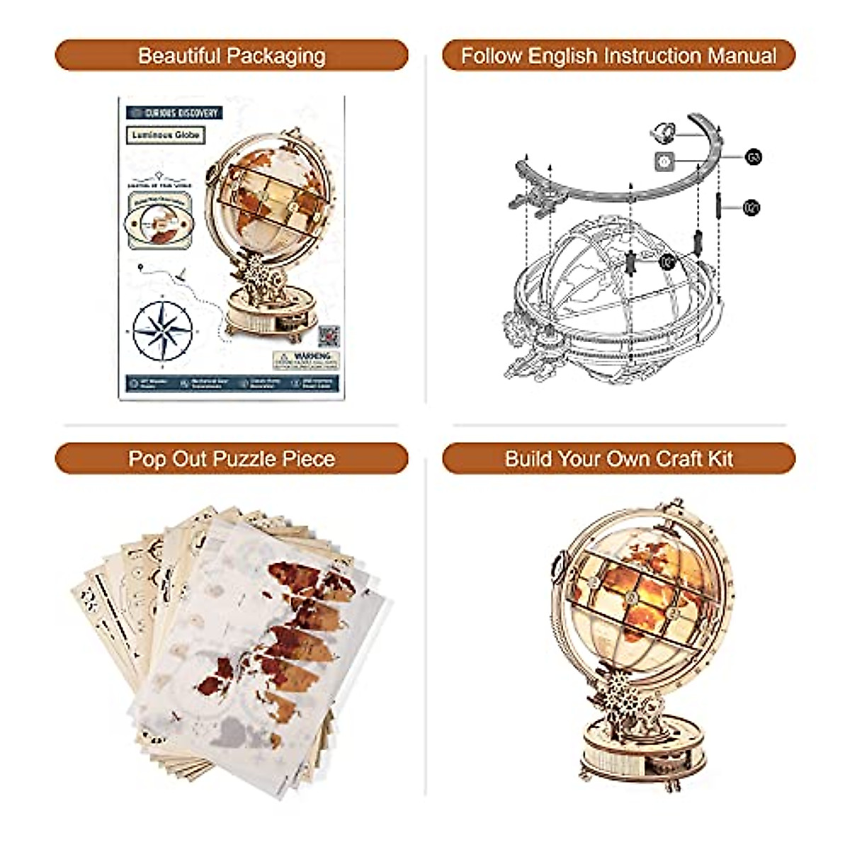 ROBOTIME 3D Puzzles for Adults, Wooden Puzzle Model Kits for Adults to Build, Unique Gift Aesthetic Desk Decor with LED Light