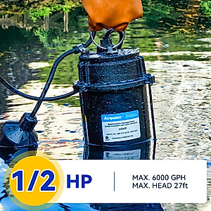 Acquaer 1/2HP Submersible Sewage/Effluent Pump, 6000 GPH, Cast Iron, Automatic Tethered Float Switch, 115V Sump Pump for Sump Basin, Residential Sewage, Basement, 2'' NPT Discharge