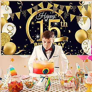 15th Birthday Party Decoration, Extra Large Fabric Black Gold Sign Poster for 15th Anniversary Photo Booth Backdrop Background Banner, 15th Birthday Party Supplies, 72.8 x 43.3 Inch