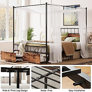 LIKIMIO Canopy Bed Frame Full with Wooden Headboard and Drawer, Full Size Bed Frame with 4 Removable Sturdy Posts, Noise Free, No Box Spring Needed, Vintage Brown