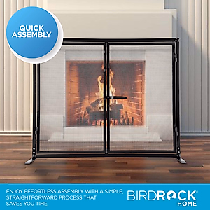 BIRDROCK HOME Fireplace Screen with Double Doors - Heavy Duty Iron Mesh, Welded for Durability, Elegant & Secure Fireplace Cover, Easy Assembly - 40 x 33 in, Black