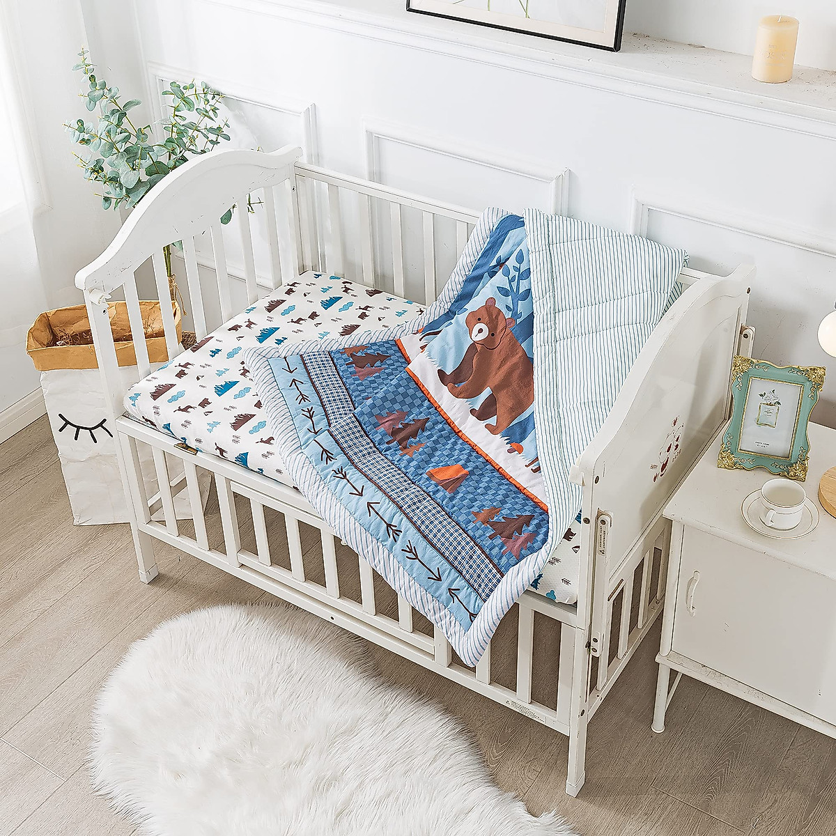Soul & Lane 3-Piece Cotton Forest Animals Crib Bedding Set for Boys - Comforter, Crib Sheet, Changing Pad Cover: Woodland Friends Crib Bedding Set, Deer Bear Blue Nursery Quilt, Mountain Crib Sheet