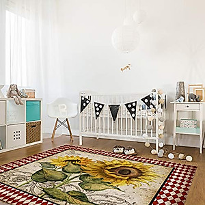 Area Rug Absorbent Non-Slip Rectangle Rug Retro Sunflower Red Rhombus Checkered Background Rugs for Living Room Bedroom Kitchen Entryway, Soft Floor Mat Indoor Carpet Accent Rugs 2x3 Feet