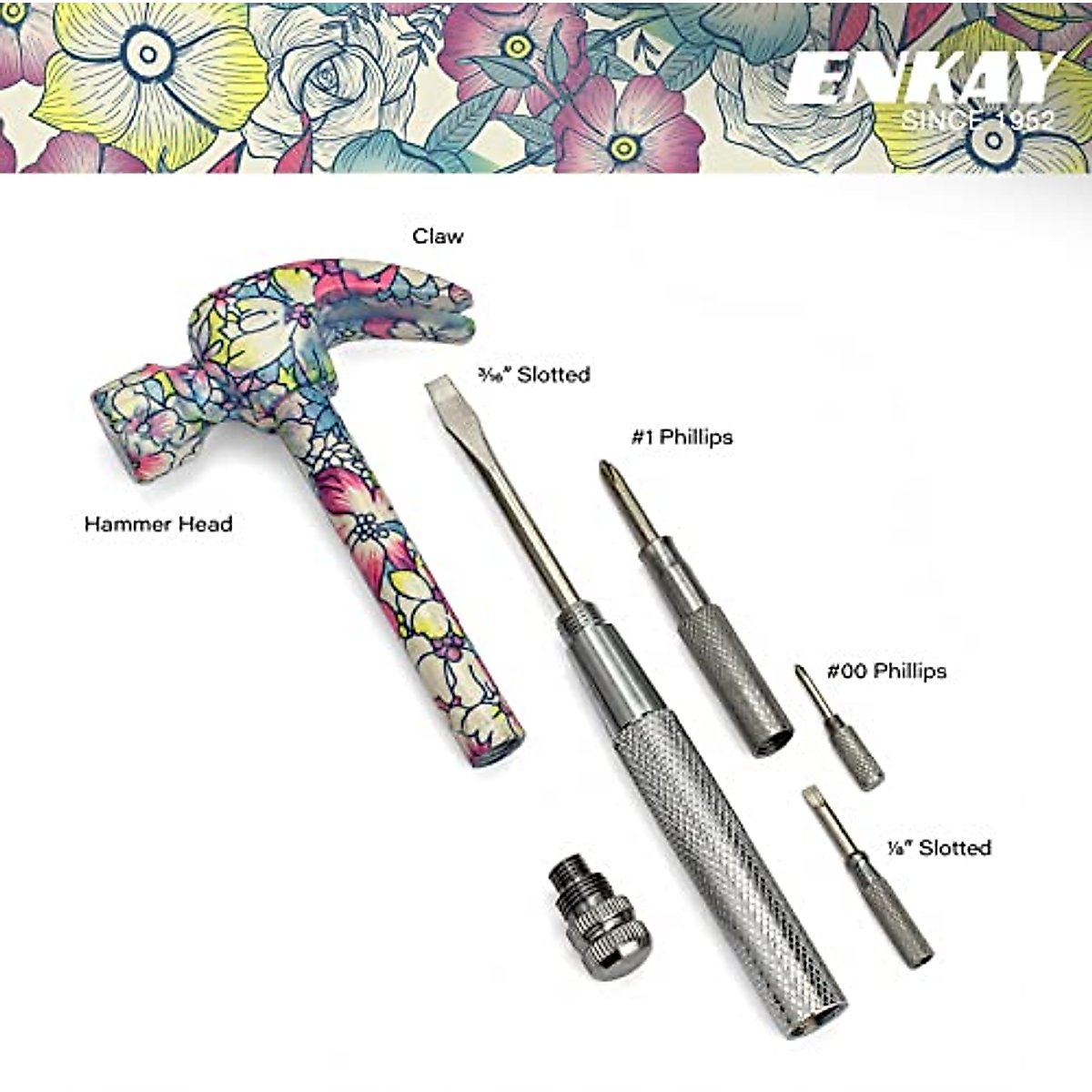 ENKAY - 6 in 1 Floral Hammer and Screwdriver, Multifunction Claw Hammer Tool with Flower Print (Pattern 3)