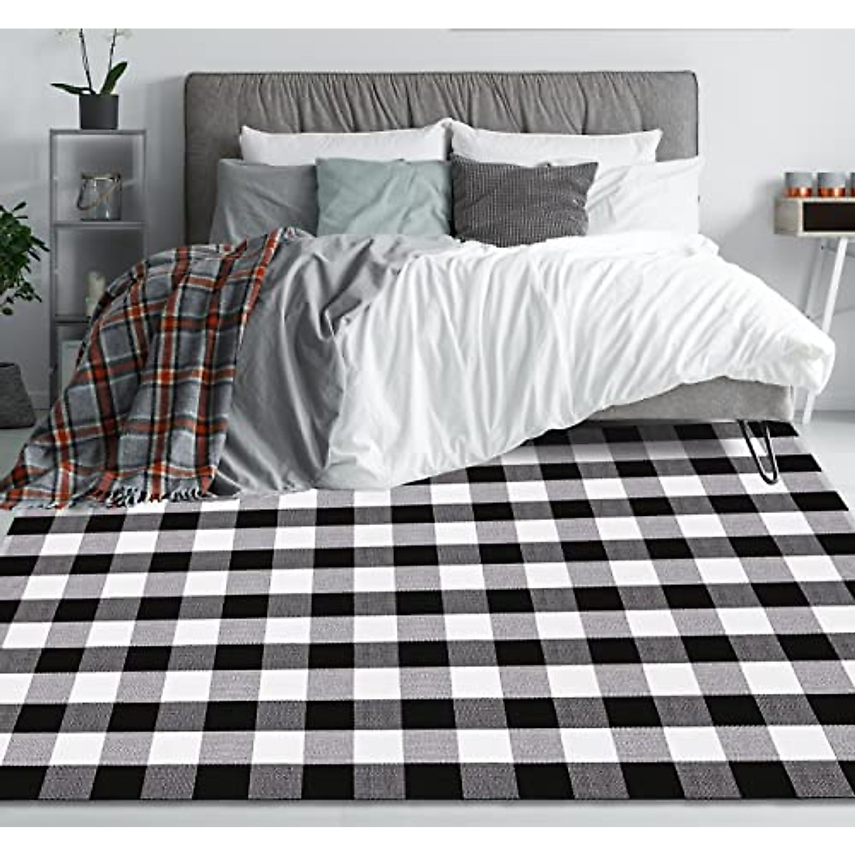 LHLJOYU Buffalo Plaid Rug Black and White Check Rugs Extra Large 5' x 7' Machine Washable Carpet Retro Lattice Checkered Outdoor Rug for Living Room Dining Room Bedroom Farmhouse(Plaid, 5' x 7')
