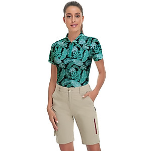 Women Summer Floral Print Polo Shirts Short Sleeve Golf Shirts Dry Fit (Green Printed, Large)