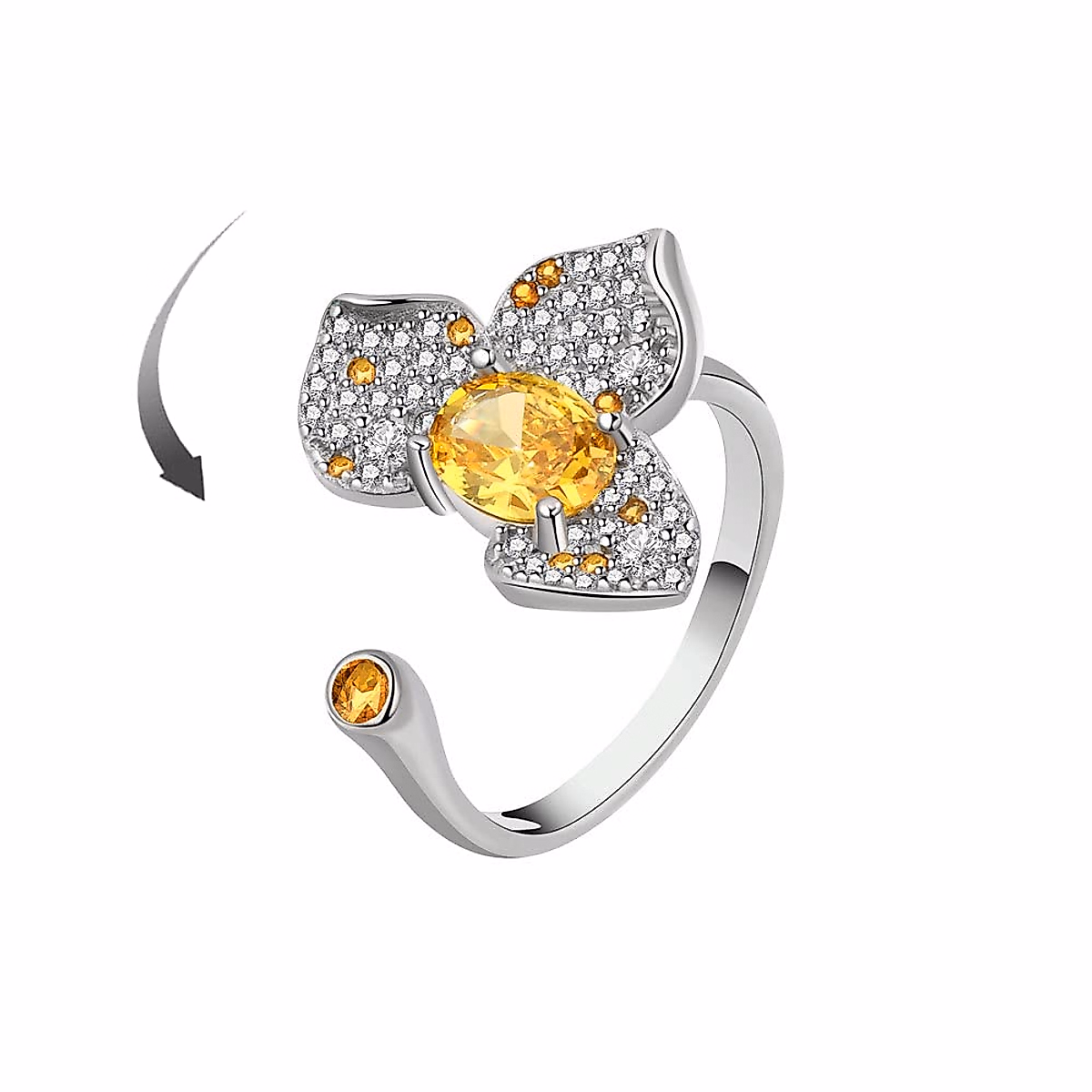 Crystal Flower Fidget Spinner Open Statement Ring Cubic Zirconia Three Leaf Floral Adjustable Stacking Anti Anxiety Worry Finger Bands Promise Eternity Rings Trendy Jewelry Wedding Engagement Gifts