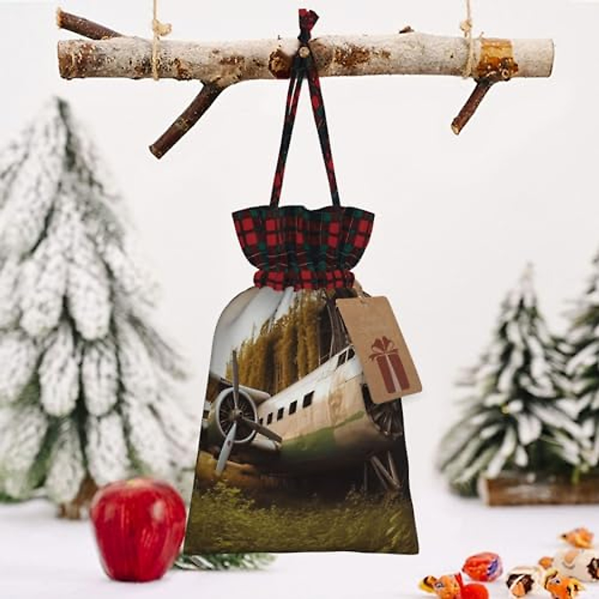 Christmas Gift Bags with Drawstring Burlap Gift Bags Abandoned Plane Christmas Linen Bags for Xmas Party Candy Bags with Cards Xmas Reusable Wrapping Bags Christmas Linen Treat Bags for Holiday