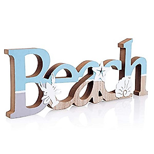 Tide and Tales Free Standing Wooden Beach Sign 15.5" x 6" for Beach House or Coastal Theme Room - Ocean, Shells and Starfish Beach Decorations for Home - Beach Bathroom Decor - Beach Gifts