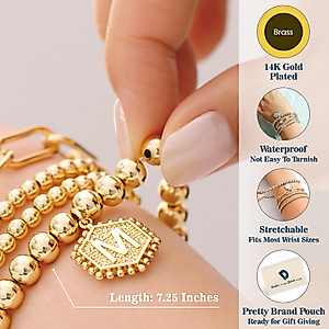 doubgood Gold Beaded Bracelets for Women, Stackable Gold Bracelets for Women 14K Real Gold Plated Stretch Bead Ball Bracelet with Letter Pendant A