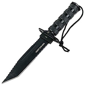 Hunt-Down 12" Black Color Fixed Blade Survival Stainless Steel Blade Knife - Survival Kit & Compass