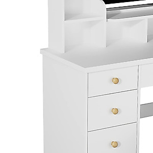 Hitow 31.5'' Makeup Vanity Set with Drawer and Shelf, Wood Dressing Table with Lighted Screen Mirror, Girls Makeup Vanity Table with Jewelry Organizer for Bedroom, White