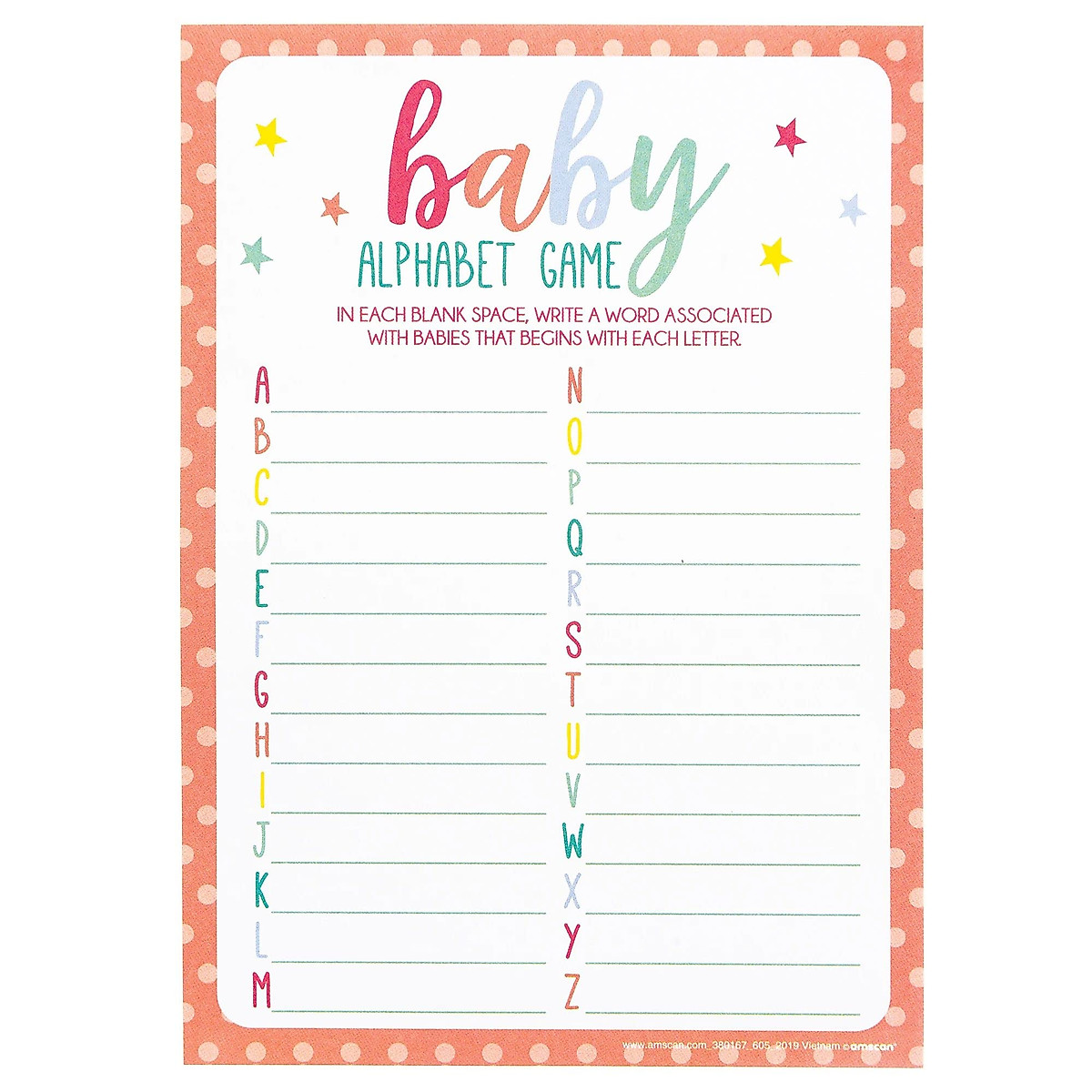 Exciting Multicolor Paper Party Games - 5" x 7" (Pack of 24) - Perfect for Baby Showers, Announcements, Birthdays & Gender Reveal, ABC