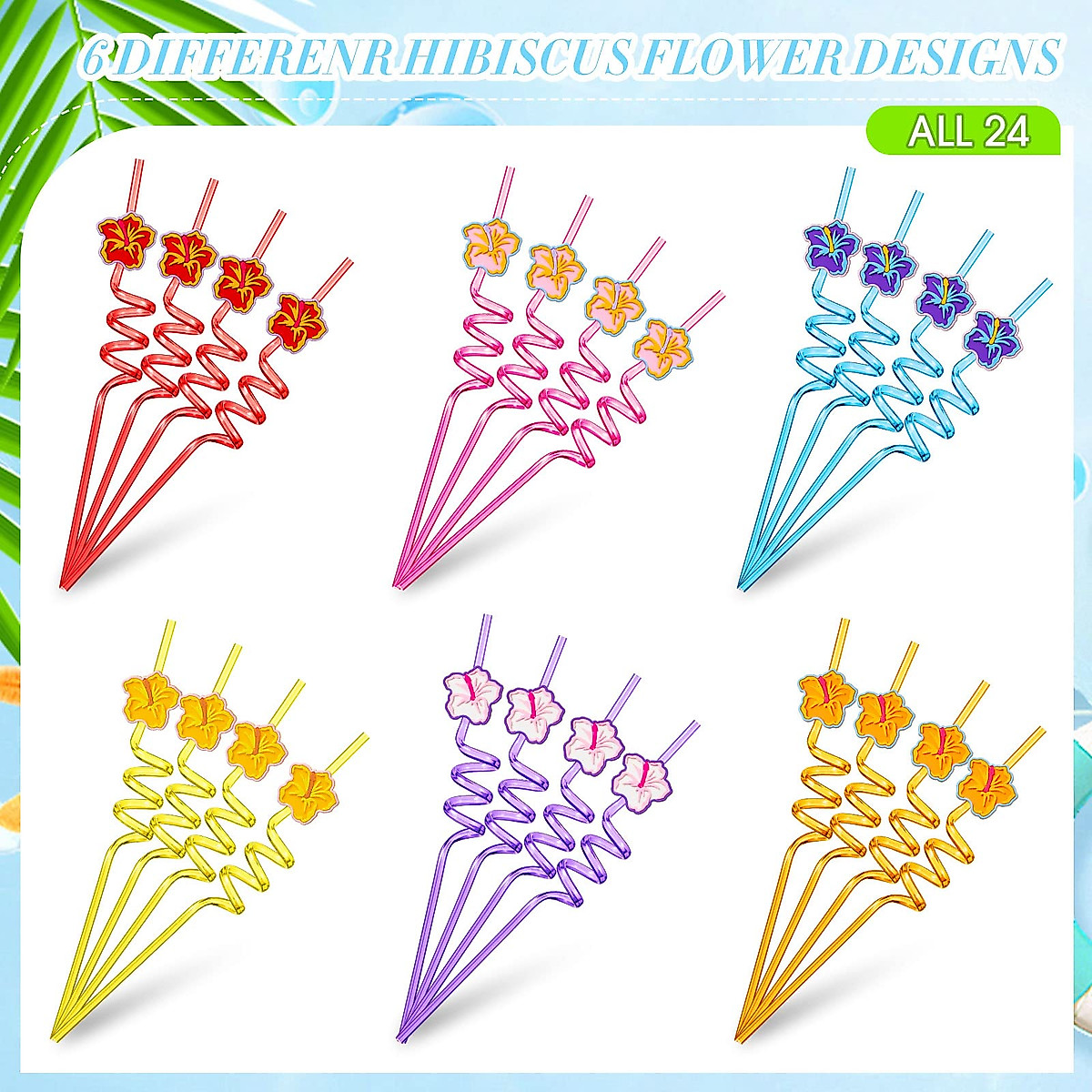 24 Pcs Hibiscus Flower Bendable Straws Flower Drinking Straws Plastic Hibiscus Flower Straws Flower Party Favors for Kids Boys Girls Spring Summer Hawaiian Beach Birthday Supplies, 6 Colors