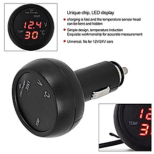 3 in1 USB Car Voltmeter Adapter,12V-24V Car USB Port Charger Digital LED Display Voltmeter Thermometer Auto Gauge Battery Voltage Tester Temperature Monitor Meter