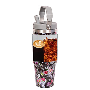 JIU HONG CHAO 30 oz Cow Skull flower Travel Tumbler with Straw Lid, Stainless Steel Floral Travel mug with Handle Insulated Cup West Mother's Day Gifts for Women Mom (Black Bullskull, 30 OZ)