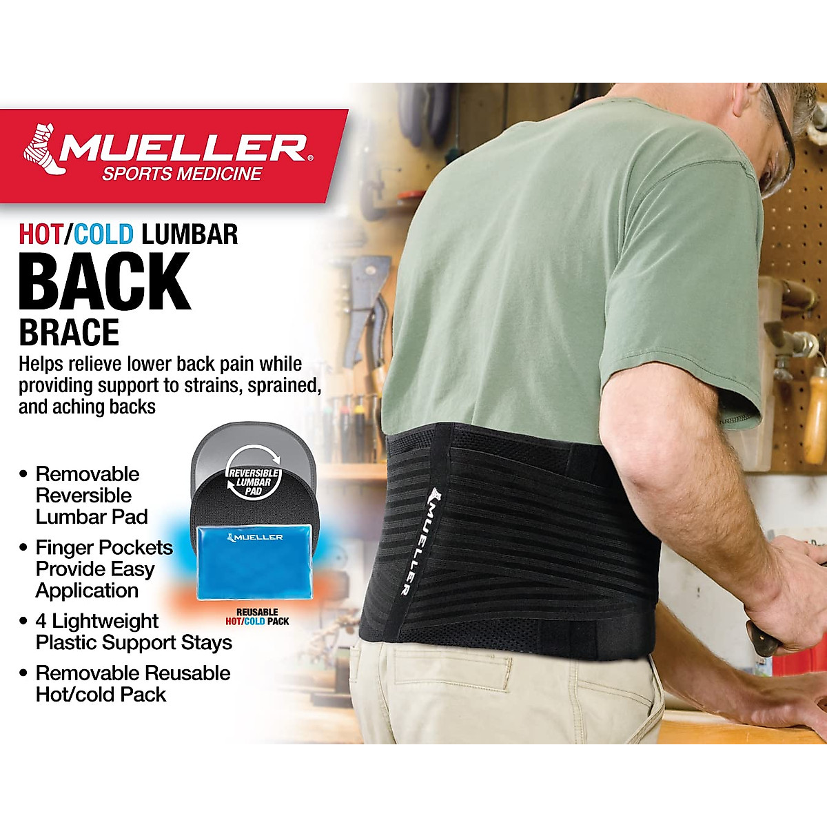 MUELLER Sports Medicine 4-in-1 Lumbar Back Brace with Removable Hot/Cold Pack, for Men and Women, Black, One Size