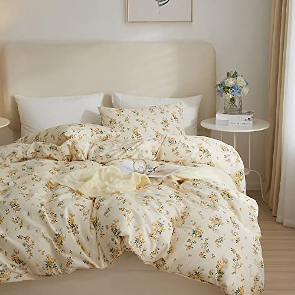 EAVD Yellow Botanical Floral Duvet Cover Queen Soft Cotton Reversible Floral Bedding Sets Full Aesthetic 1 Botanical Duvet Cover with 2 Pillowcases Chic Garden Flower Bedding Sets for Girls Women