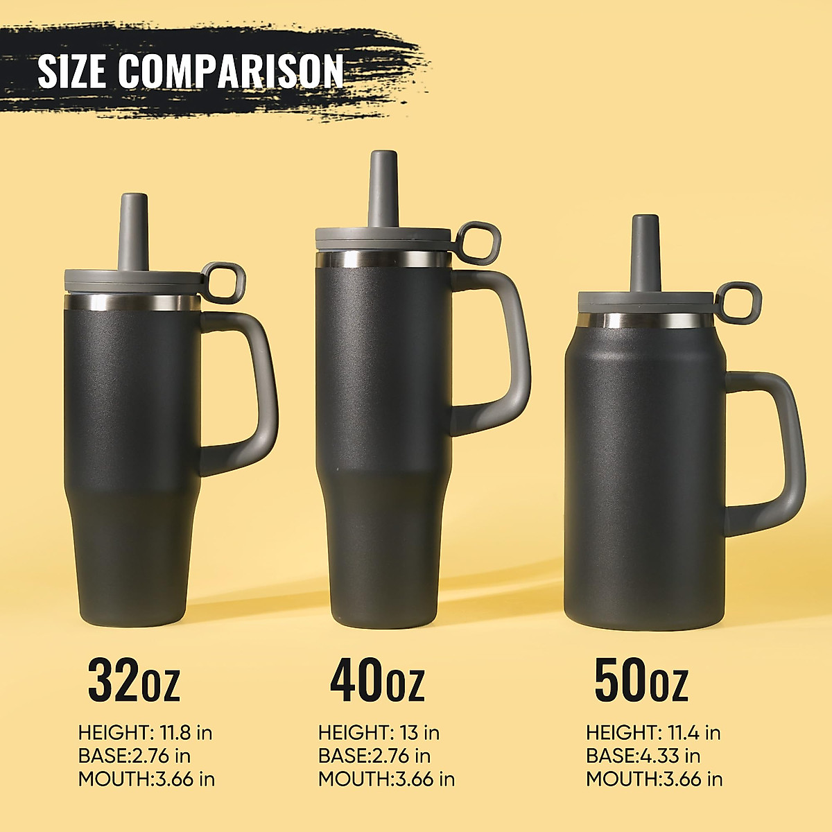 40oz Tumbler, Insulated Stainless Steel Water Bottle with Straw, Cover Cap, Leak Proof Travel Tumbler with Handle, BPA-Free, Cupholder Friendly, Gifts for Women & Men, Black