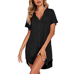 Ekouaer Women's Nightshirt Short Sleeve Button Down Nightgown V-Neck Sleepwear Pajama Dress Black