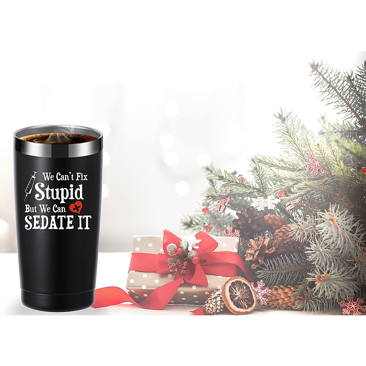 momocici We Can't Fix Stupid But We Can Sedate It 20 OZ Tumbler.Funny Nurse Week,Nurse,Doctor,Gifts.Birthday,Christmas,Medical Nursing Graduation Gifts for Nurse Doctor Travel Mug(Black)