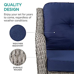 Best Choice Products 3-Piece Outdoor Wicker Patio Bistro Set w/ 2 360-Degree Swivel Rocking Chairs and Tempered Glass Top Side Table - Navy