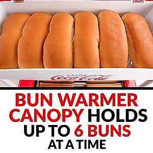 Nostalgia Coca-Cola Holds 8 Regular Sized or 4 Foot Long Hot Dogs and 6 Bun Capacity, Stainless Steel Rollers, Perfect For Breakfast Sausages, Brats, Taquitos, Egg Rolls, Yellow, Red/White