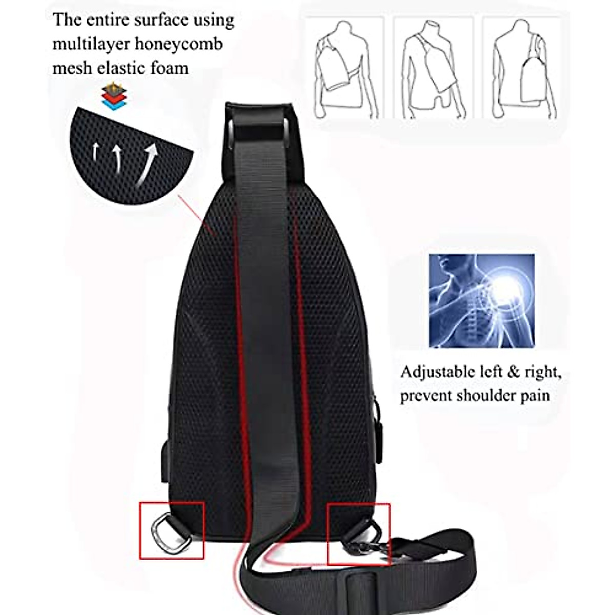 HDSAM Crossbody Bag Sling Backpack Travel Hiking Chest Bag Daypack, Waterproof Casual Day Bag for Travel Hiking Cycling Outdoor Trip Multi-pocket Shoulder Bag Pack with Charge Port & USB Cable