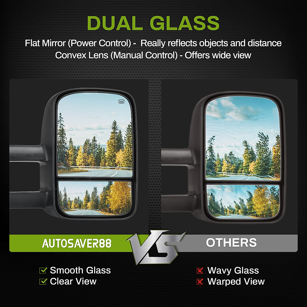 AUTOSAVER88 Tow Mirrors Compatible with 2007-2014 Chevy Silverado GMC Sierra, Power Heated Driver and Passenger Side Replacement Towing Mirror Set with Turn Signal and Dual Glass