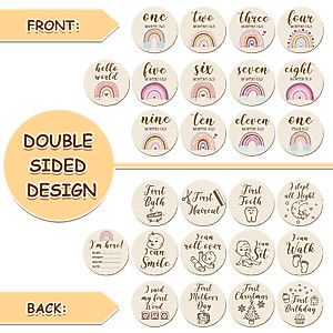 13 Pieces Baby Monthly Milestone Wooden Cards Boho Rainbow Double Sided Printed Milestone Discs Wood Gift Photo Prop Discs Sets Birth Announcement Sign for Baby Shower Newborn