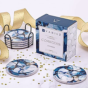 Vanilz Coasters for Drinks Absorbent - Coaster Set with Holder - 6 Pcs - Cup Coasters with Holder - Ceramic Coasters for Wooden Table - Blue Coasters - Coasters for Coffee Table (Ocean Blue)