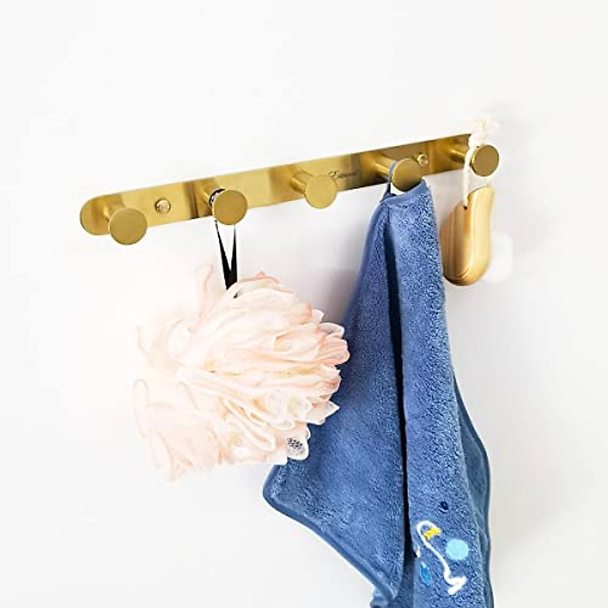 Estrend Brushed Gold Coat Rack Wall Mount Coat Hook Rail Towel Rack with 5 Heavy Duty Hooks for Entryway, Foyer, Hallway, Bathroom, Bedroom