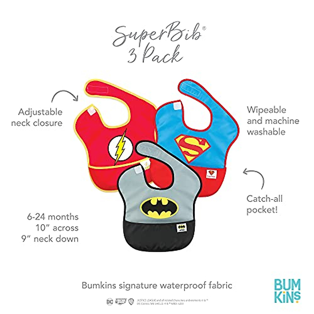 Bumkins DC Comics, Batman, Superman, The Flash, SuperBib, Baby Bib, Waterproof, Washable, Stain and Odor Resistant, 6-24 Months (Pack of 3)