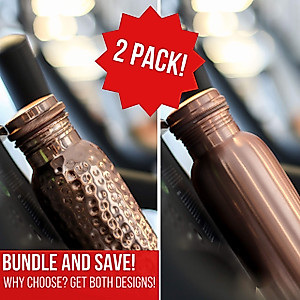 Otiem Copper Water Bottle 2 Pack I Copper Bottle Bundle I 1 Sleek Copper Water Bottle for Drinking plus 1 Hammered Copper Water Bottle Ayurvedic I Extra Large 32oz Copper Vessel for Drinking Water