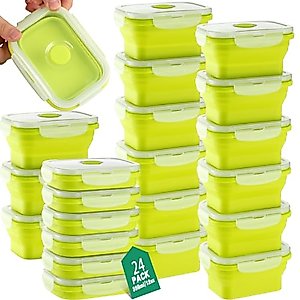 Maxcheck Set of 24 Silicone Collapsible Food Storage Containers with Lids Vent 12 oz Collapsible Meal Container for Kitchen Lunch Boxes Microwave Freezer Safe (Green)