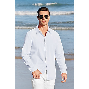 Mens Button Up Shirts Linen Beach Long Sleeve Casual Cotton Summer Lightweight Tops X-Large