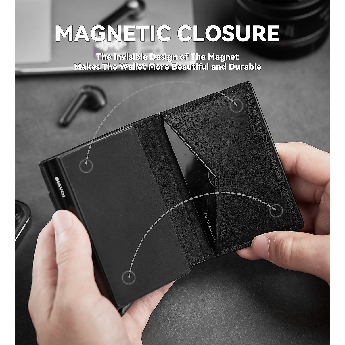 BIAVOI Mens Wallet Card Holder Pop Up Aluminum Card Case for Men RFID Protection Credit Card Holder Up to 13 Cards (Black)